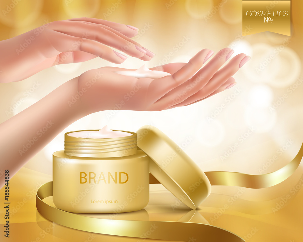 Vector premium skin care cosmetics with woman hands applying cream, ads ...