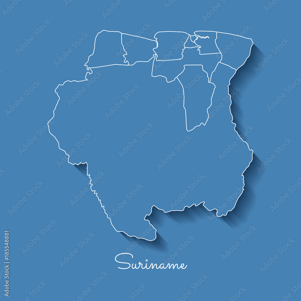 Suriname region map: blue with white outline and shadow on blue ...
