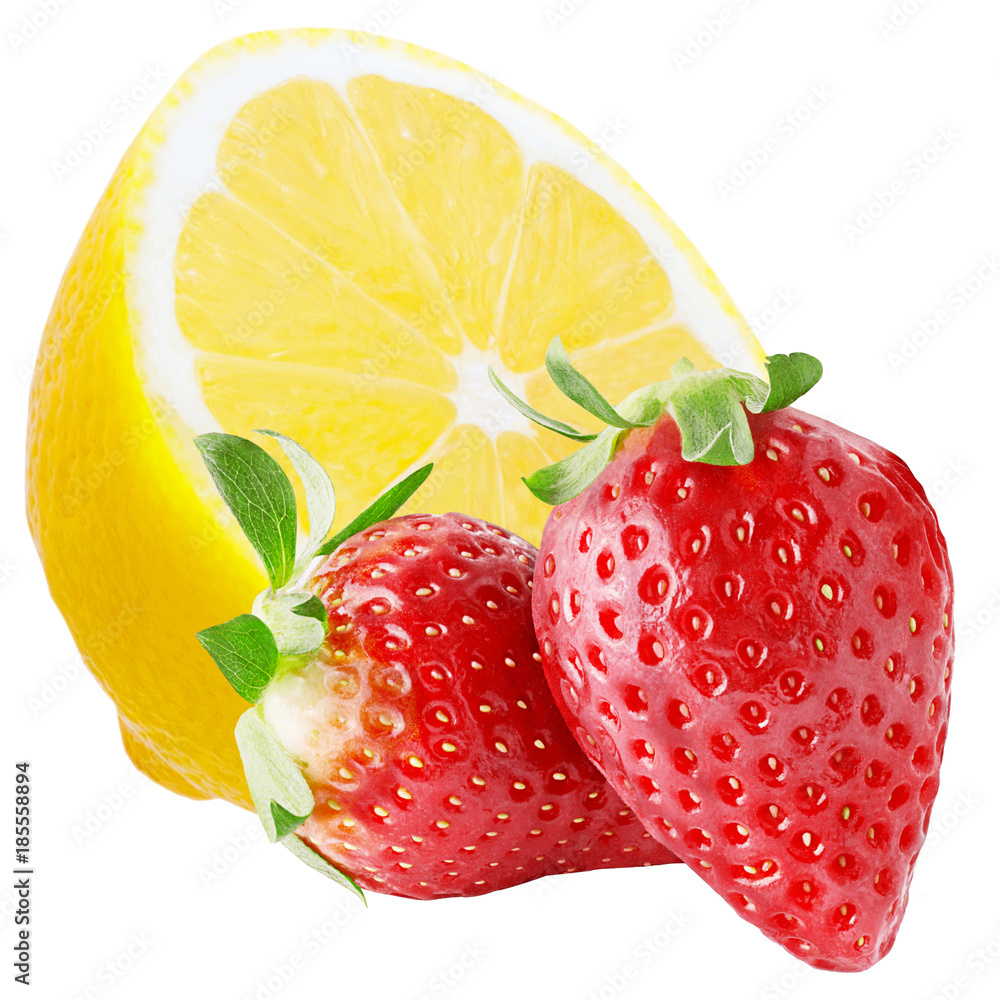 Half of lemon and two strawberries isolated on white background Stock ...
