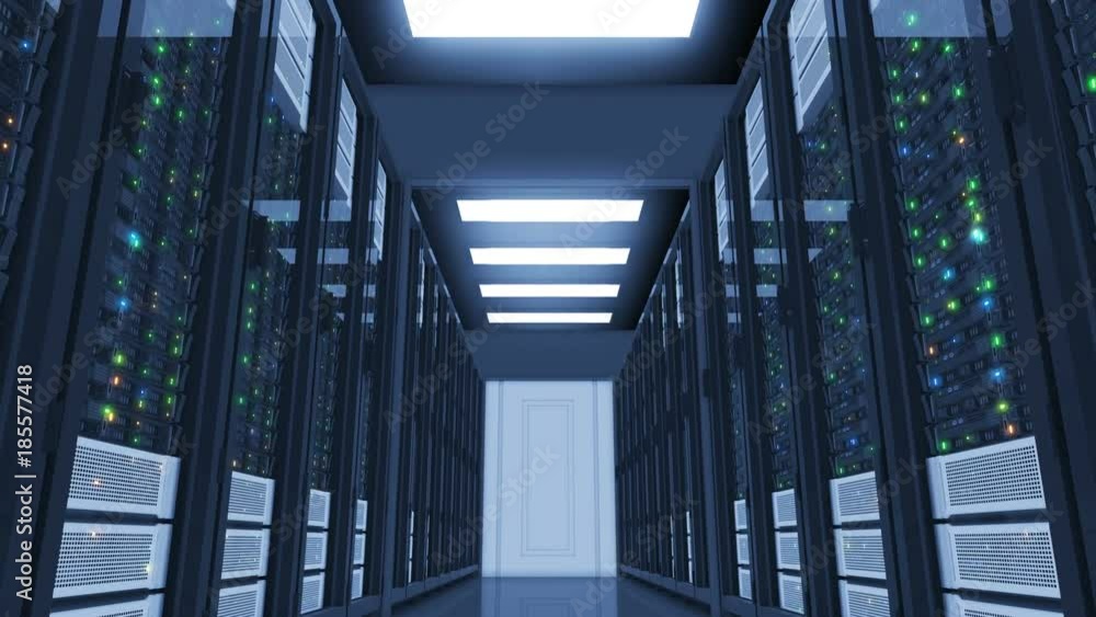 Beautiful Working Servers in Modern Datacenter. Moving Through. Cloud ...