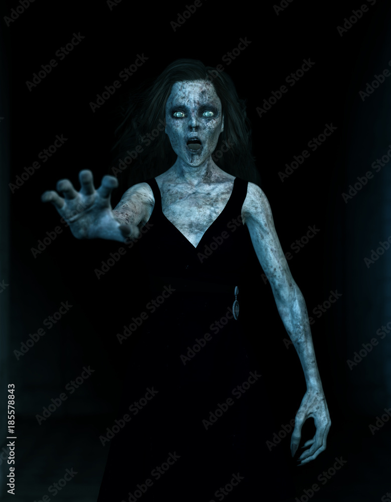 3d illustration,Scary ghost woman in the dark,Horror background Stock ...