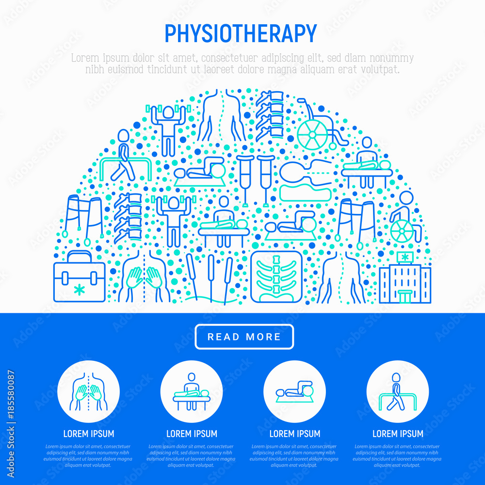 Physiotherapy concept in circle with thin line icons: rehabilitation ...