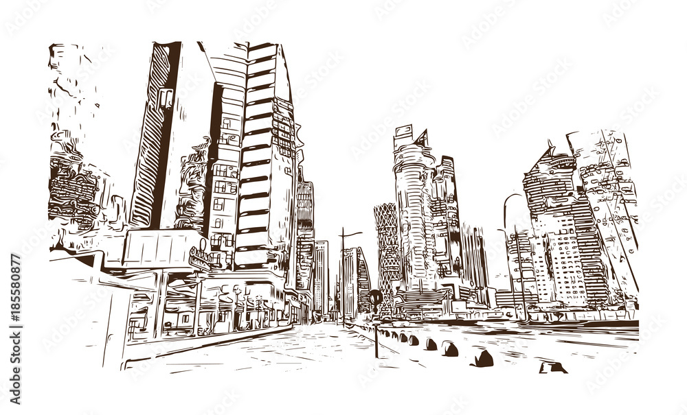 Skyline Doha City, Qatar. Hand drawn sketch in vector illustration ...