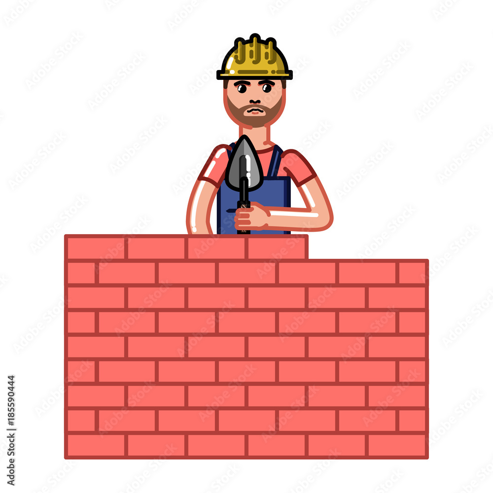 Grafika wektorowa Stock: Builder build a brick wall | Adobe Stock