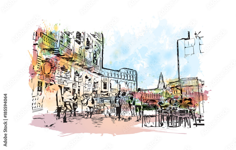 Doha City skyline, Qatar. Watercolor splash with hand drawn sketch in ...