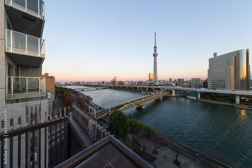 Tokyo Sumida river view with Tokyo Skytree in evening. The Sumida river ...