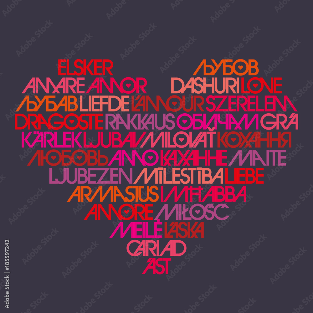 Love typography. Avant-garde typography. Word cloud in heart shape ...