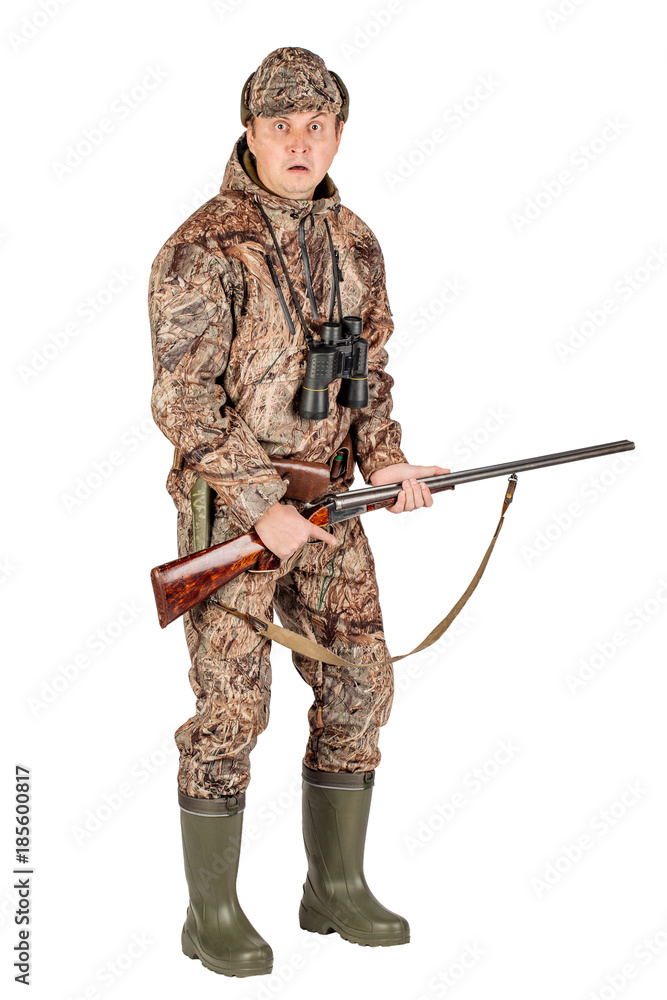 male hunter with double barreled shotgun Isolated on white background ...