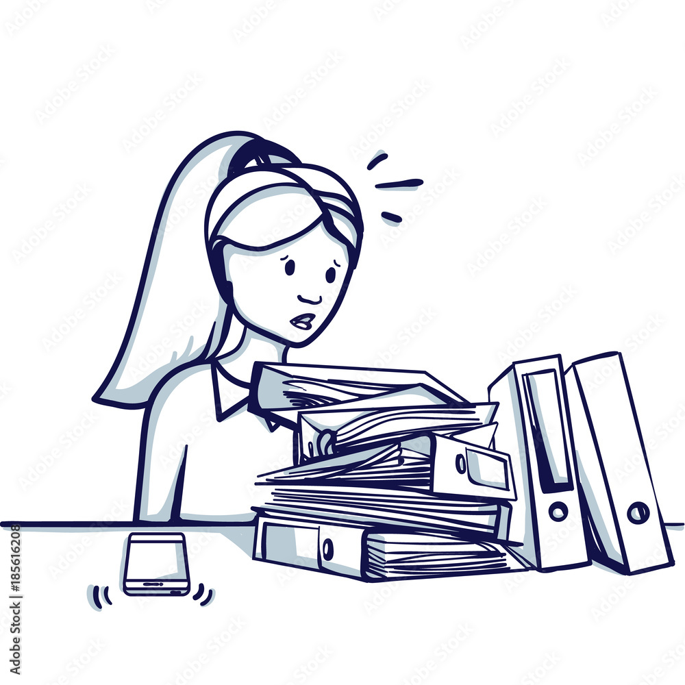 Young business woman sitting at the table before a large number of ...