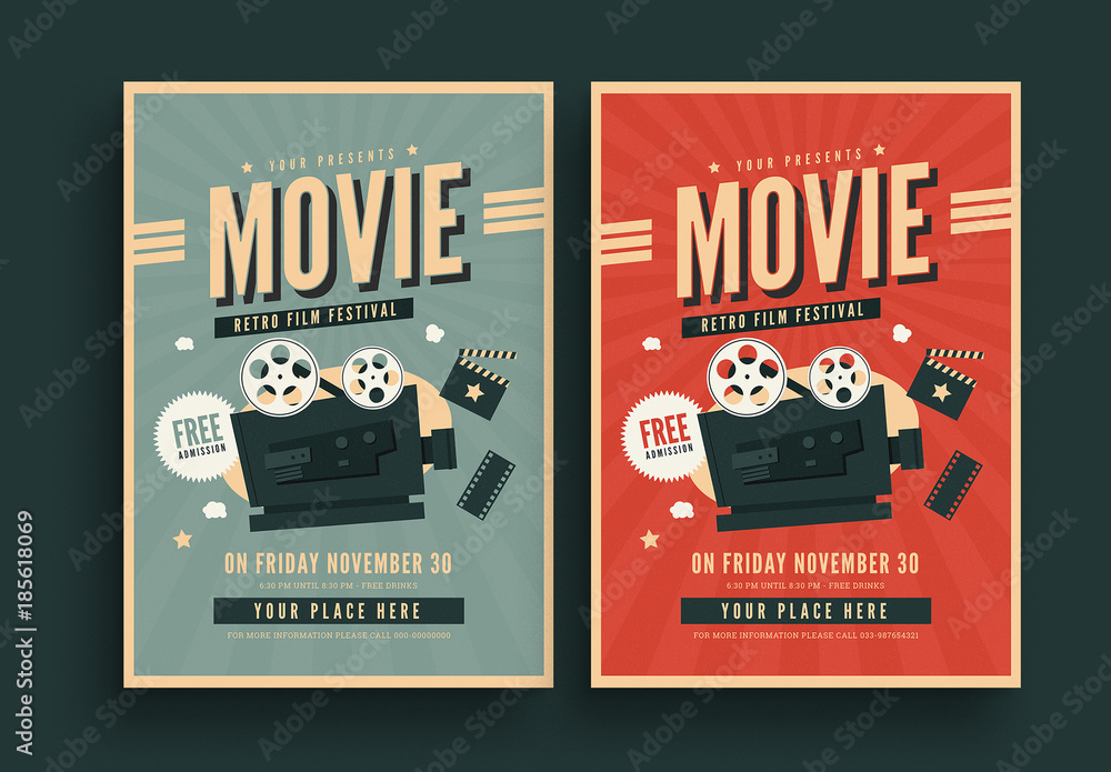 Retro Film Festival Flyer with Projector Illustration Stock Template ...