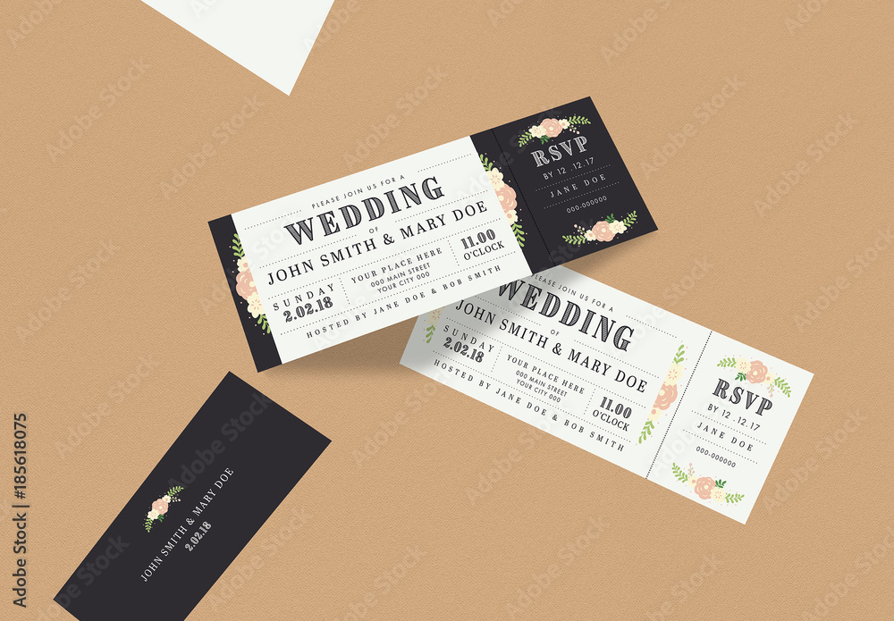 Wedding invitation Ticket with Floral Illustrations Stock Template ...