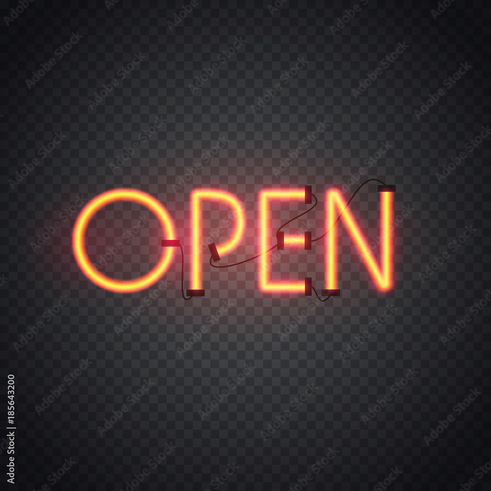 Glowing inscription open. 3d realistic neon sign isolated on ...
