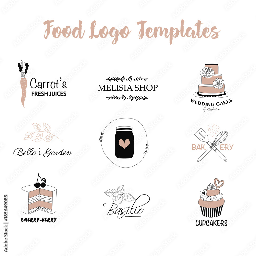 Simple logo templates with food and drinks. Cafe and bakery logotypes ...