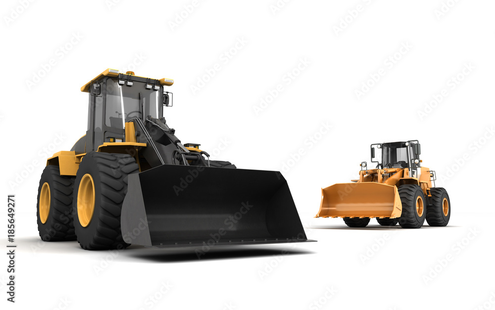 Construction site concept. Two different powerfull hydraulic earth ...