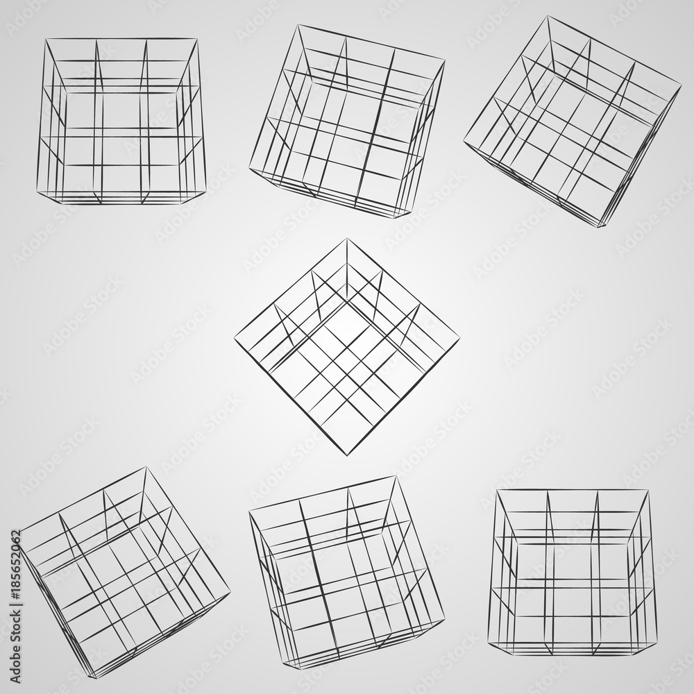 Wireframe 3D cube at different angles. Top view. Vector cube sketch on ...