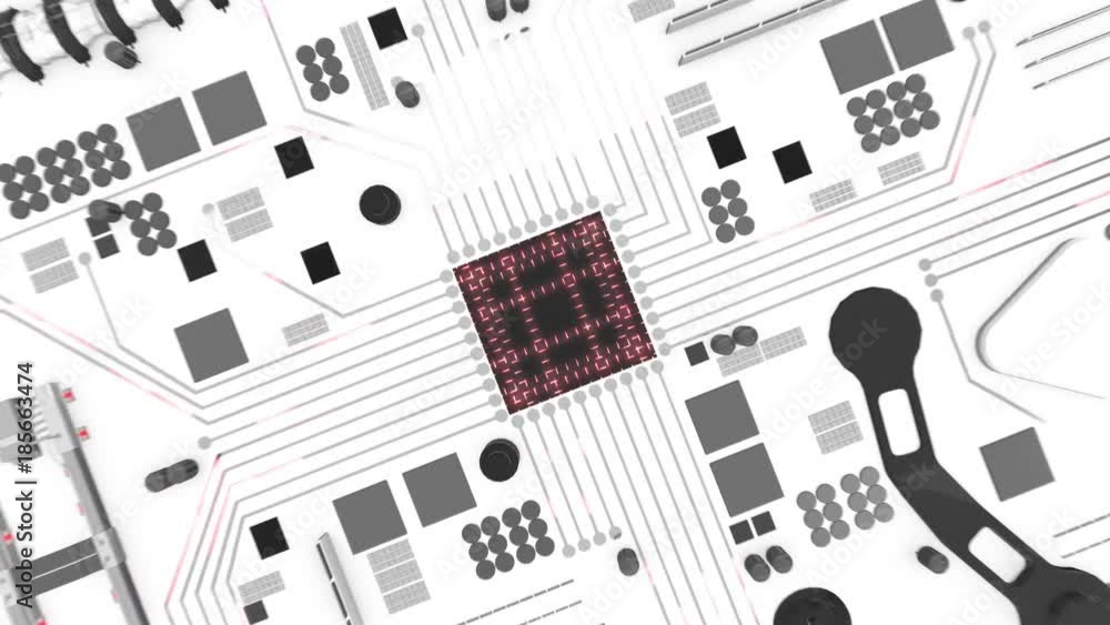 Seamless looping 3d animated futuristic motherboard and data tunnel ...