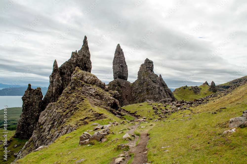 The fascinating volcanic rock called "Old Man of Storr" in the north of ...