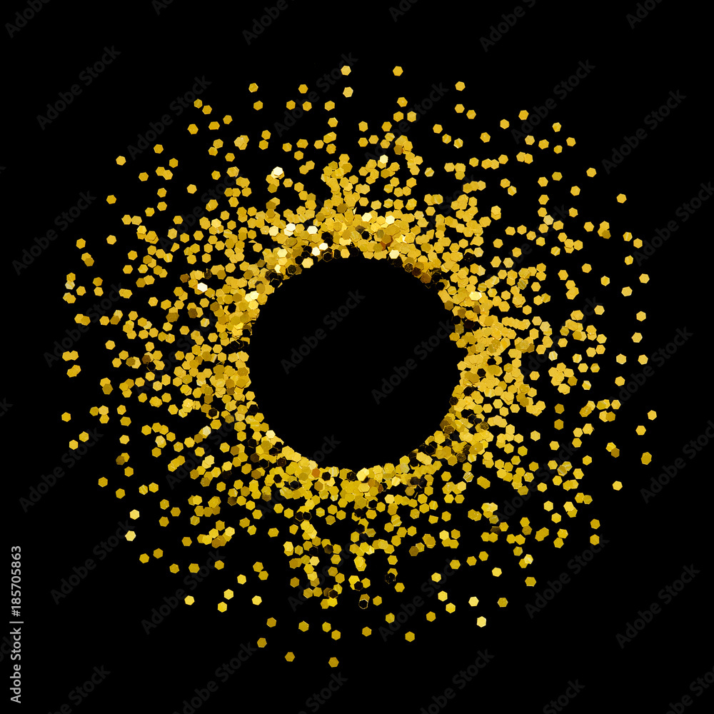 Circle round gold glitter splash with empty center isolated on black ...