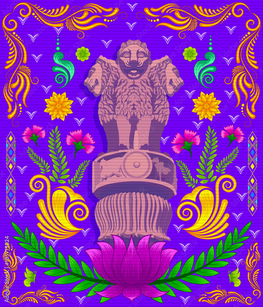 Indian monument pillar of Ashoka with indian style design and floral ...