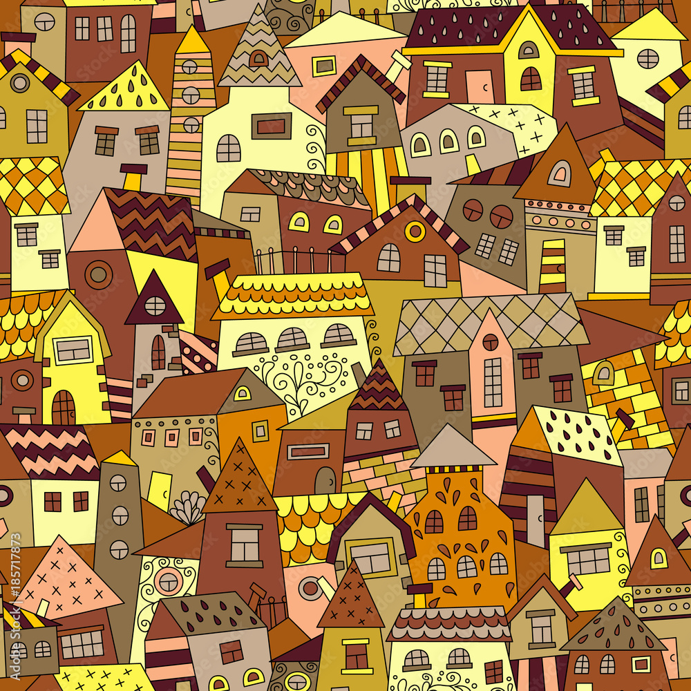 Doodle hand drawn town seamless pattern. Can be used for textile ...