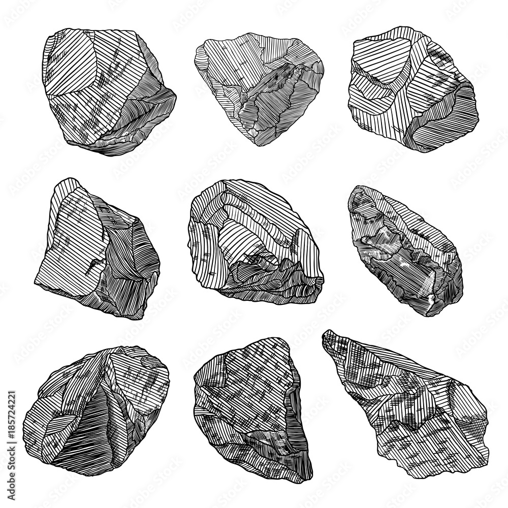 Rock stone hand drawn style. Big set of different boulders. Collection ...