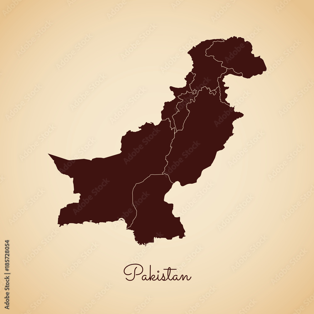 Pakistan region map: retro style brown outline on old paper background ...