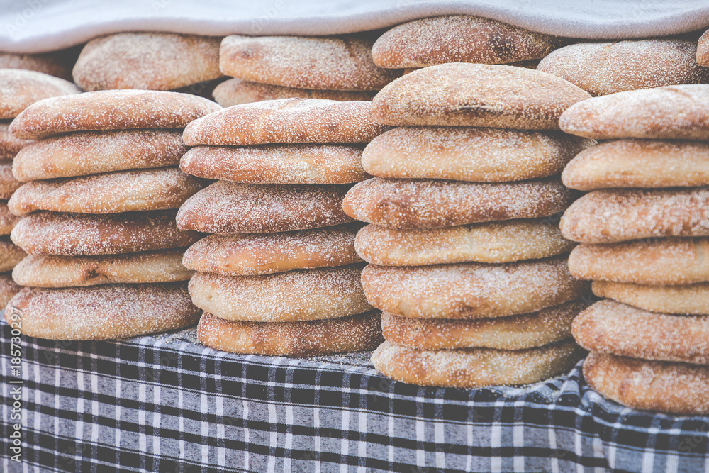 Typical traditional Moroccan bread on street food stall, Marrakesh ...