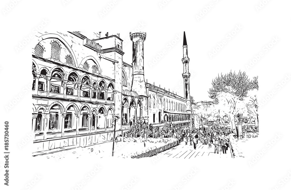 Hand drawn sketch of The Blue Mosque or Sultanahmet Camii in Istanbul ...