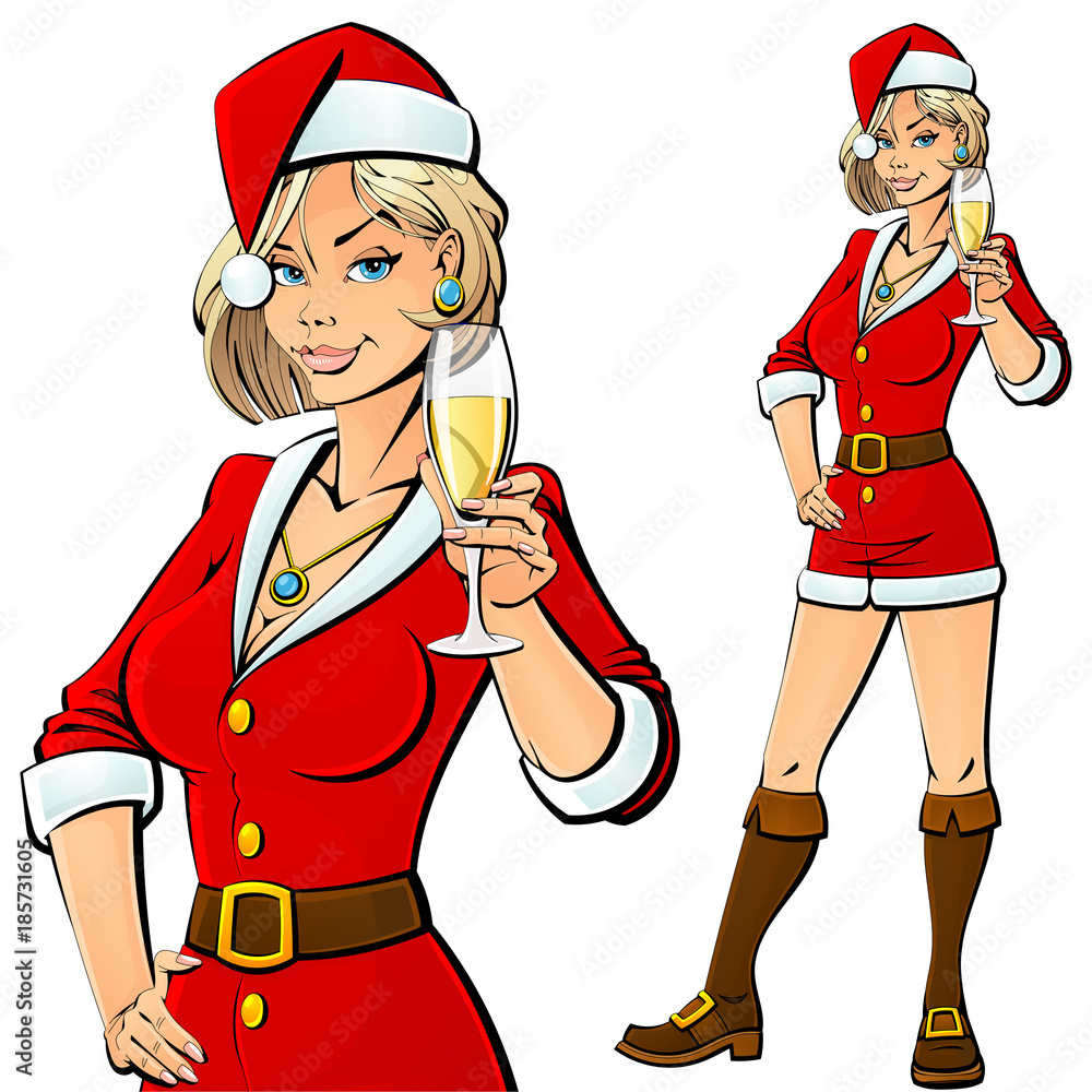 Sexy Christmas girl with Santa Claus with a glass of champagne. Stock ...