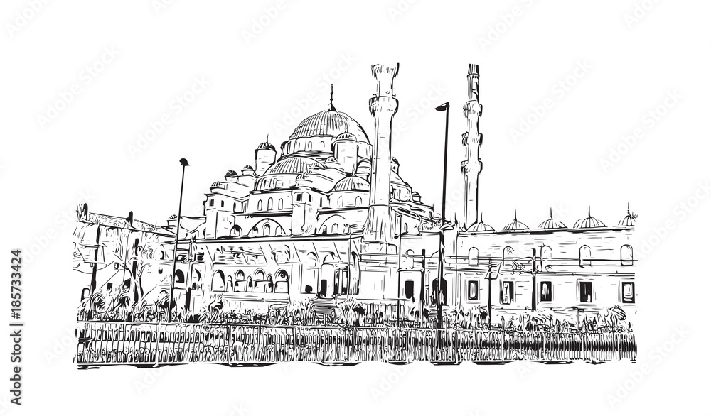 Hand drawn sketch of Suleymaniye Mosque Istanbul, Turkey in vector ...