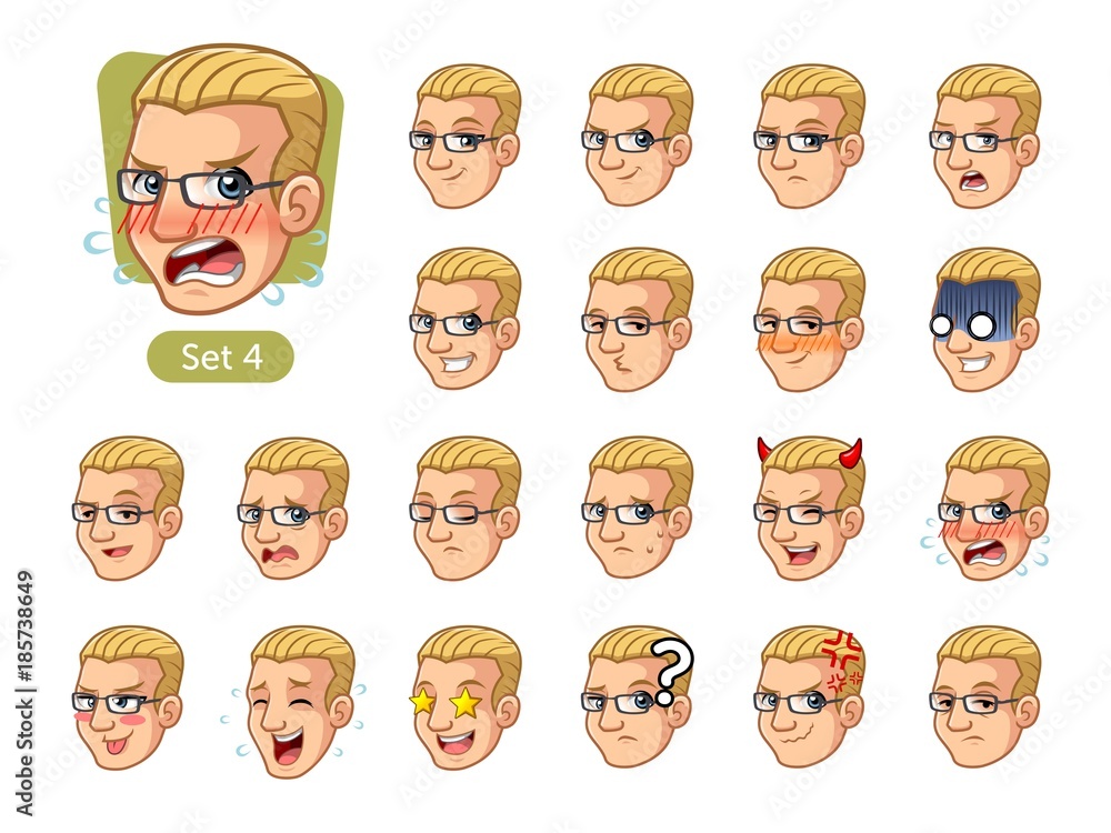 The fourth set of male facial emotions cartoon character design with ...