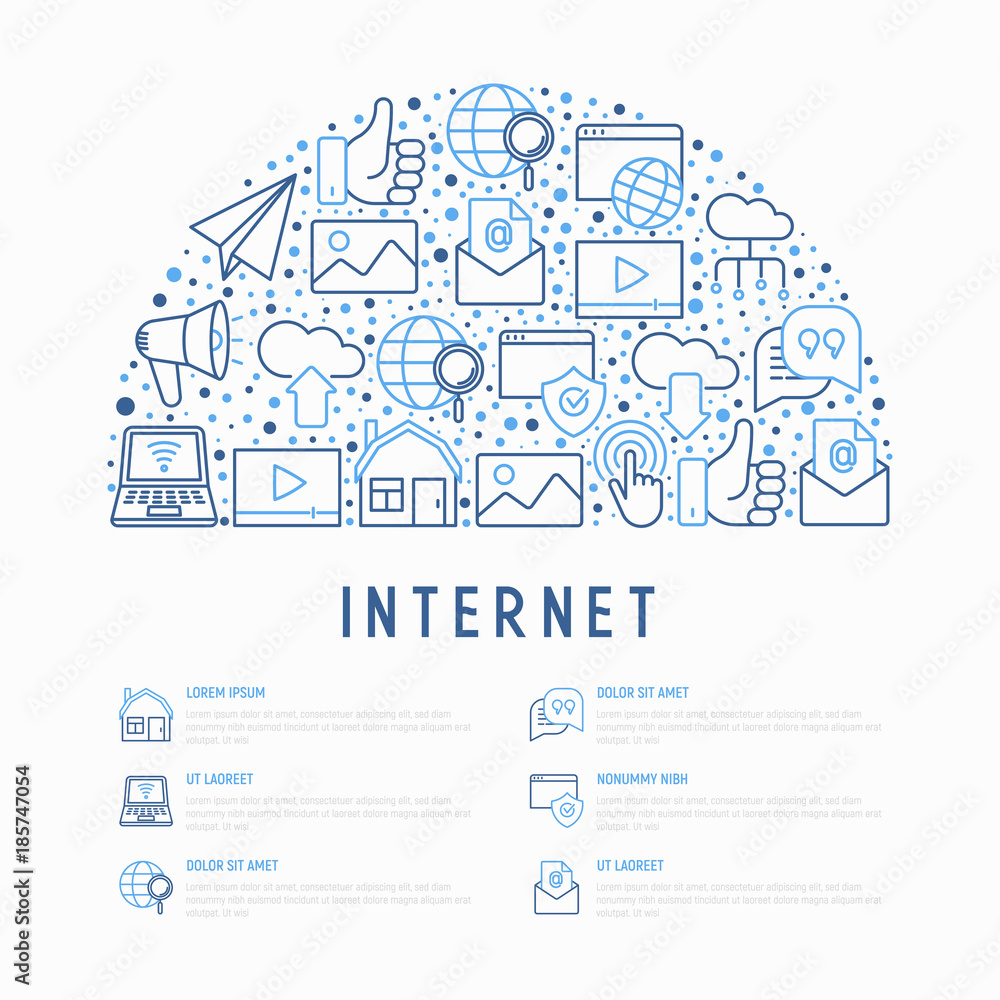 Internet concept in half circle with thin line icons: e-mail, chat ...