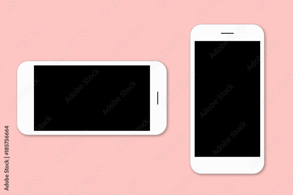 Two mobile phones with blank screens for text isolated over pink ...