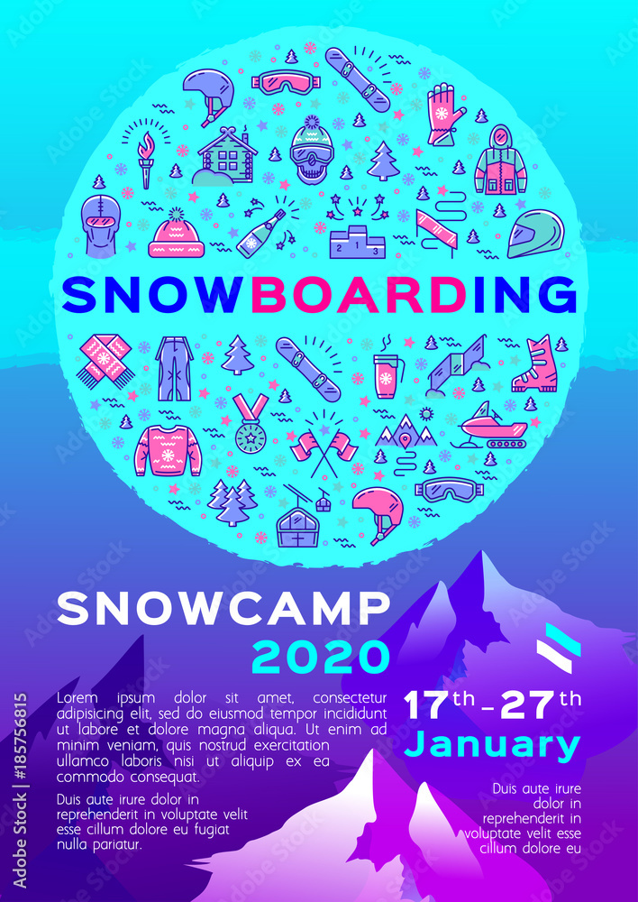 Snowboarding poster, Snow camp flyer or card, Snowboard placard. Modern ...