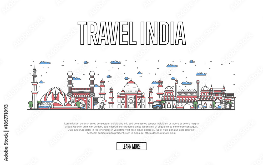 Travel India poster with architectural attractions in linear style ...