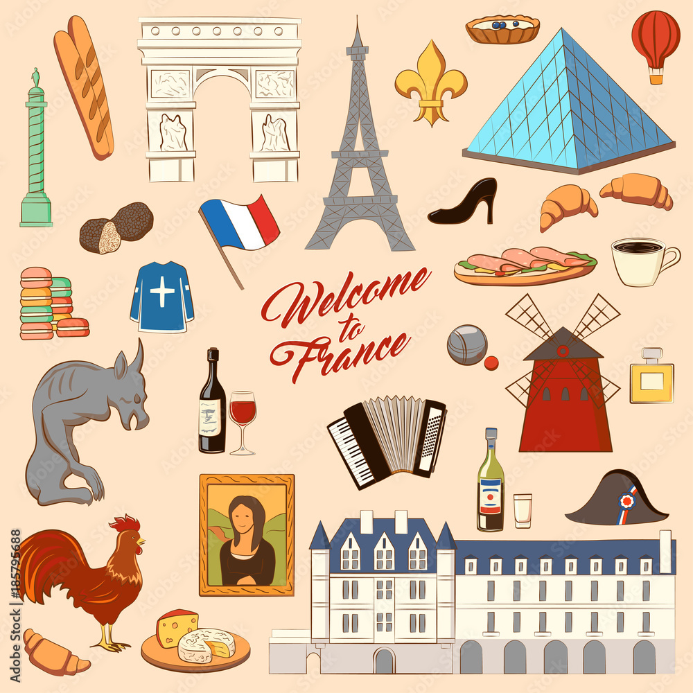 France symbols. Set of icons and landmarks France: eiffel tower, wine ...