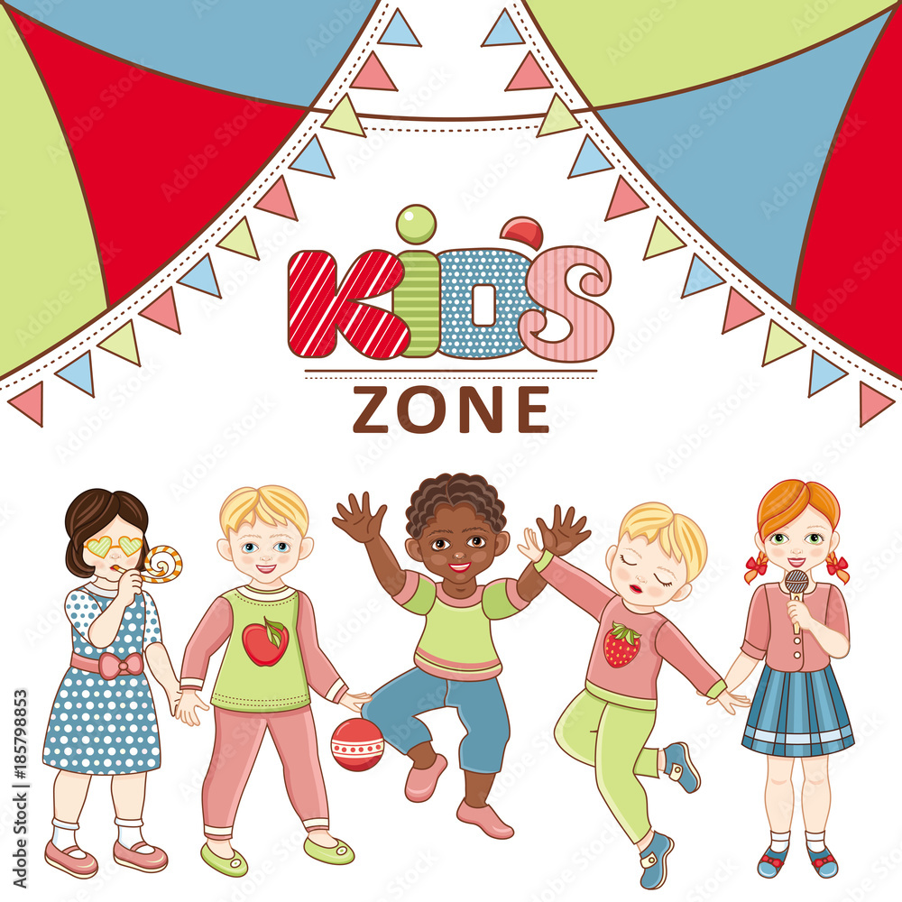 Kid zone banner, poster design with children jumping, signing, dancing ...