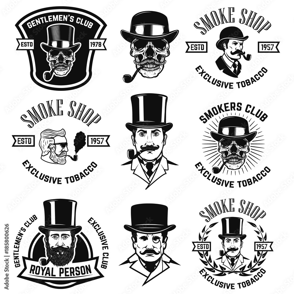 Set of smokers club emblems. Vintage gentlemans portraits with smoking ...