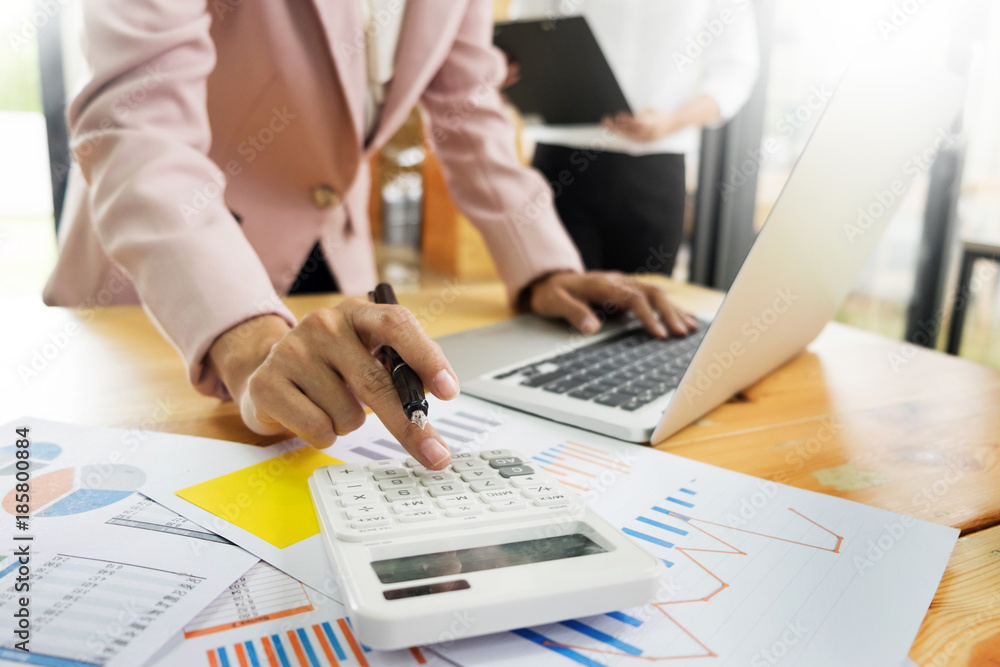 Businesswoman working in office typing on keyboard, female hands text ...