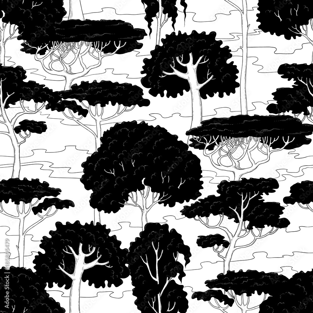 Vector sketch seamless pattern illustration of black silhouettes of ...