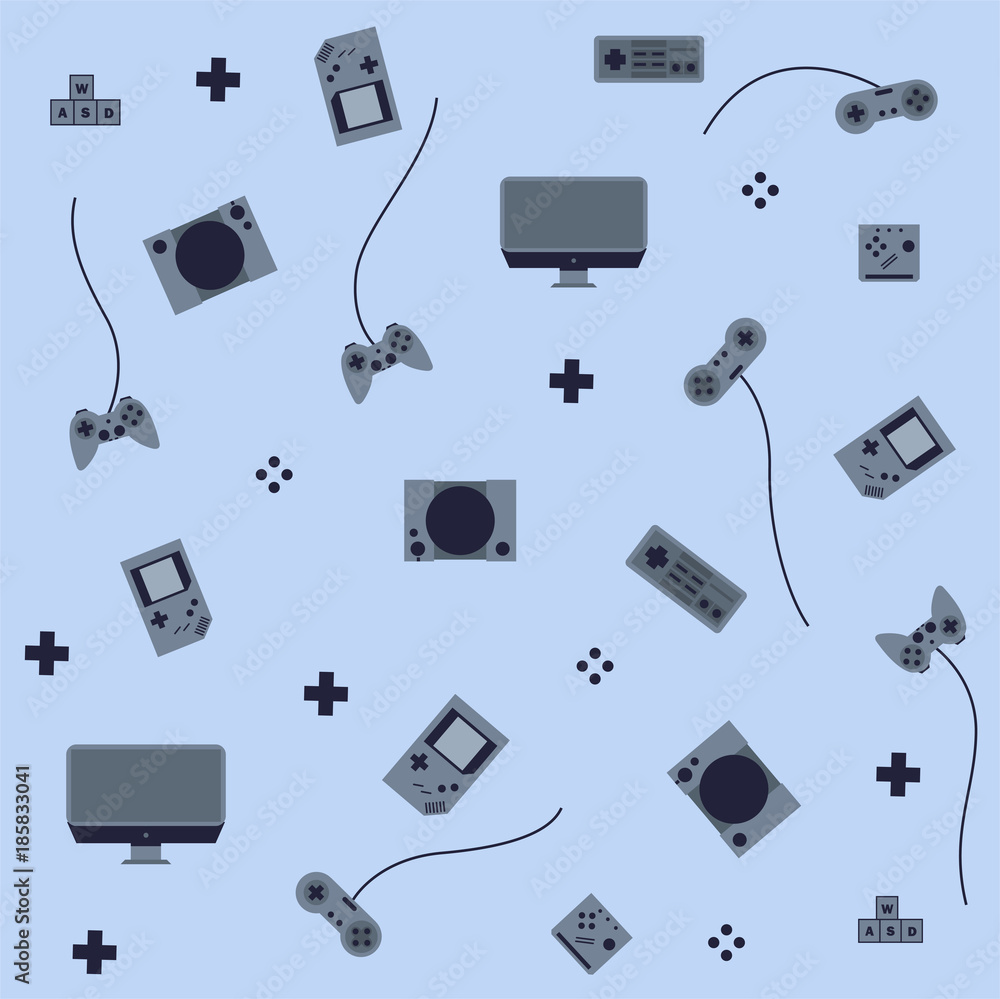 Video games console, joystick, gameboy icon pattern flat vector ...