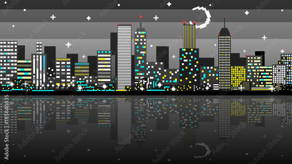 Snow Pixel art night city card. Vector illustration Stock Vector ...
