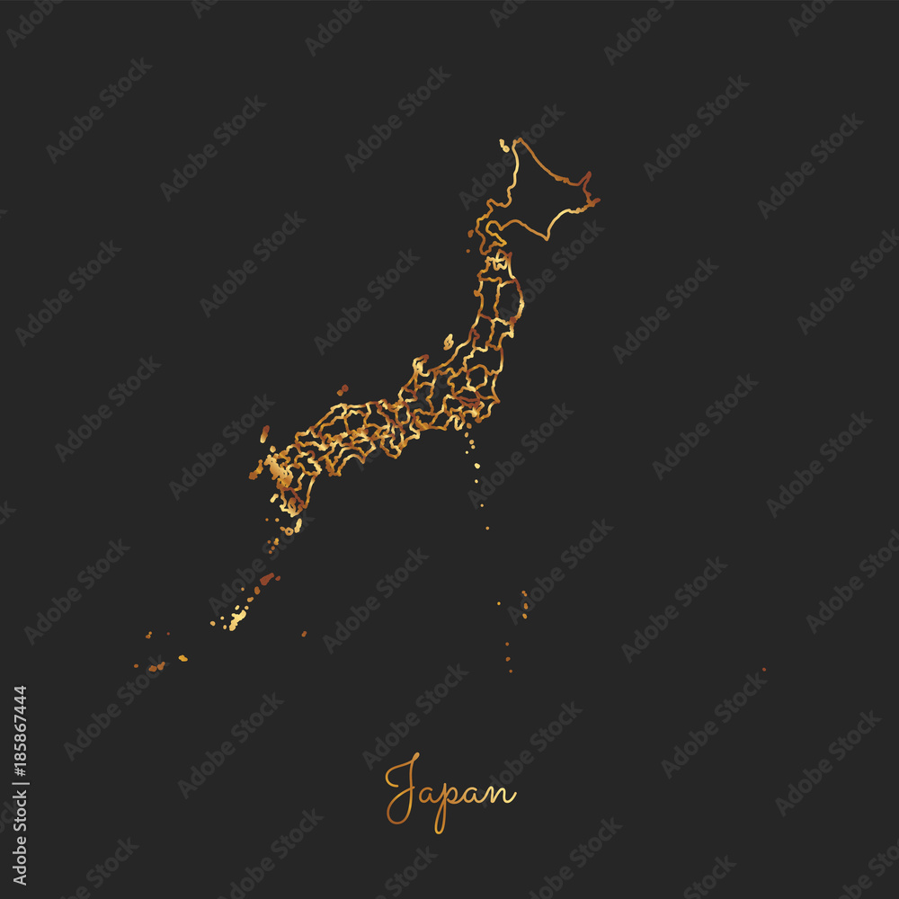 Japan region map: golden gradient outline on dark background. Detailed ...