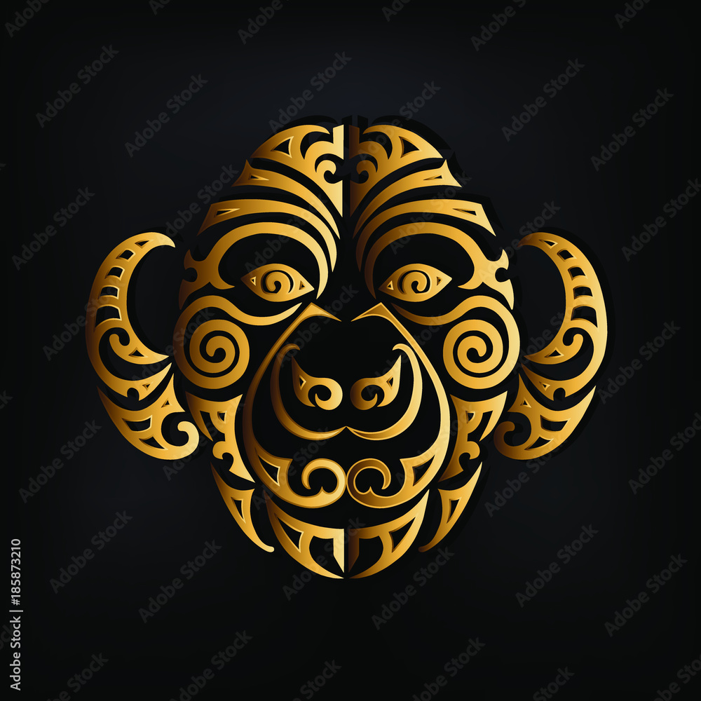 Golden Monkey head logo isolated on black background. Stylized Maori ...