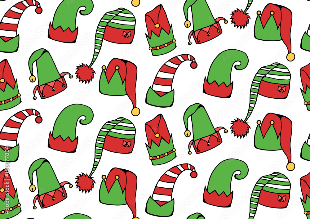 Seamless texture with cartoon elf hats. Vector background for wrapping ...