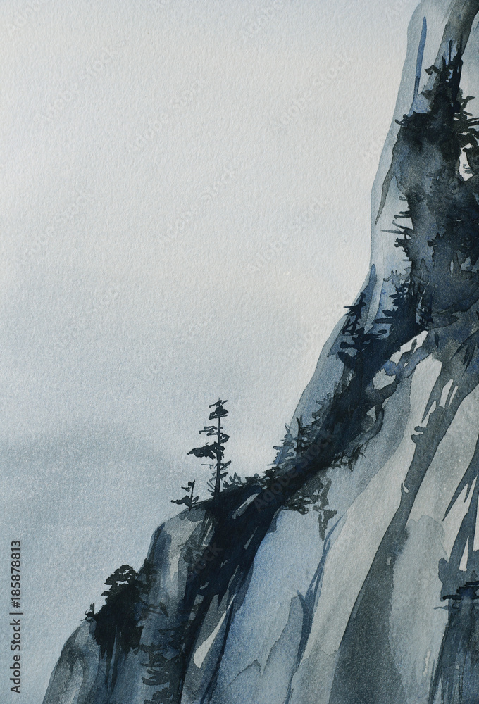 rock cliff with pine tree watercolor painting - wilderness landscape ...