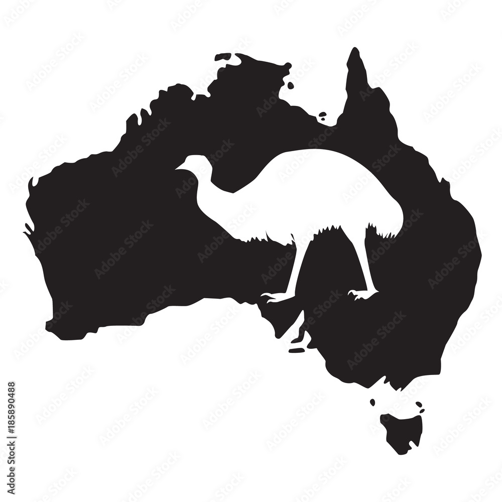 Emu white silhouette on a black silhouettes of a map of Australia Stock ...