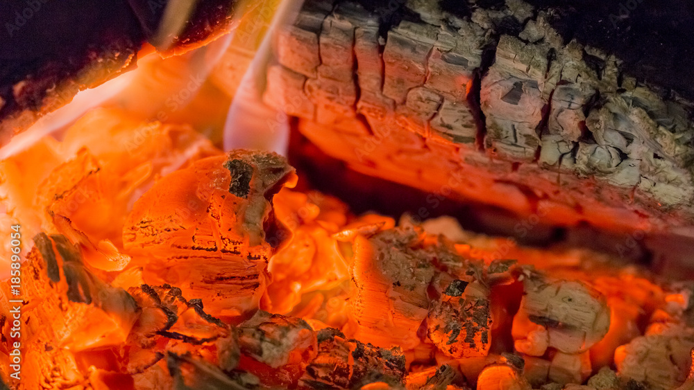 Fire fireplace Embers closeup. Glowing embers in hot red color. Stock ...