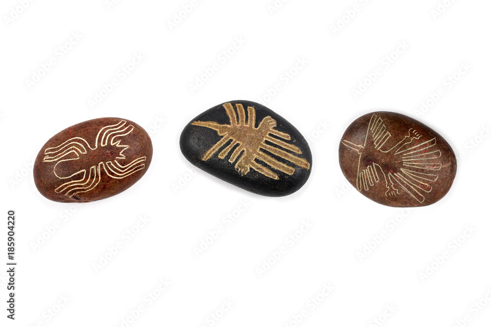 Nazca Lines symbols stock images. Pebbles souvenirs with Nazca lines in ...