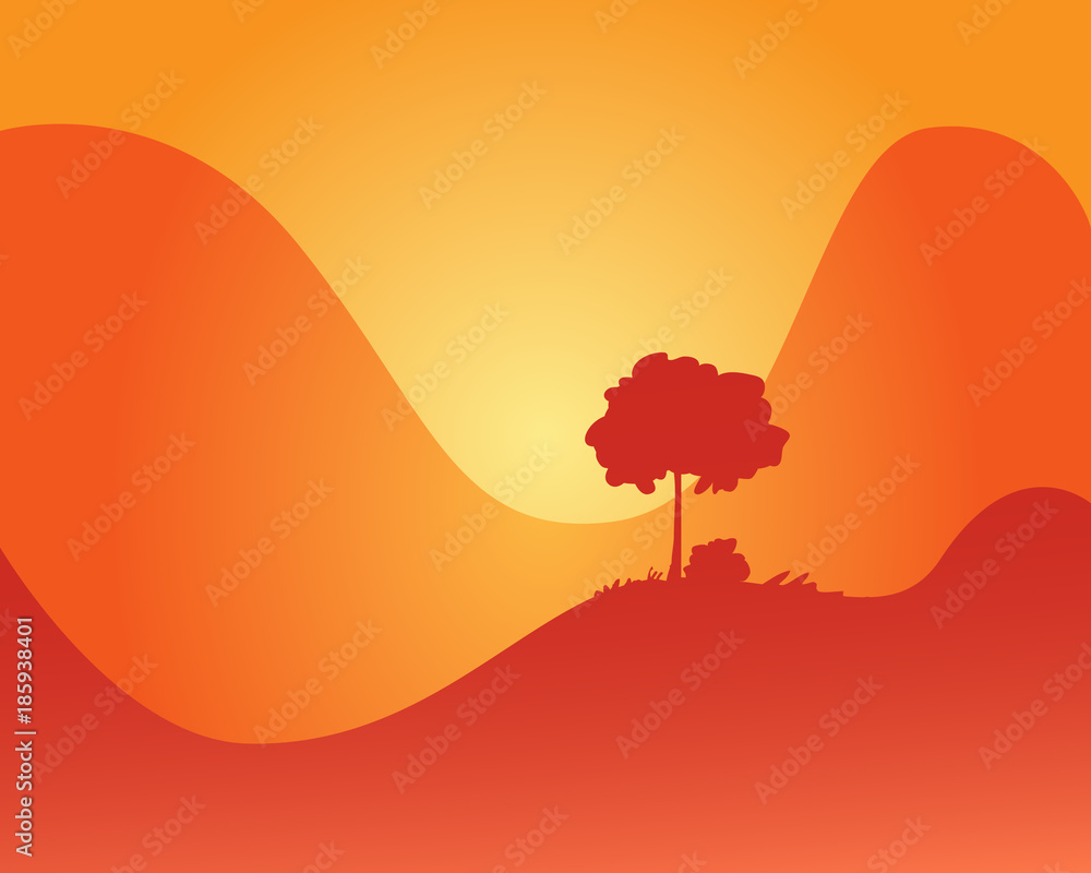 Vector orange gradient landscape with flat hills for card, website ...